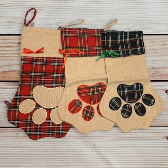 Holiday | Set Of 3 Burlap And Plaid Paw Print Stockings | Poshmark